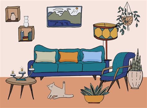 Intérieur De Vecteur Du Salon Illustration De Dessin Animé Dessiné à La Main Meubles Doodles