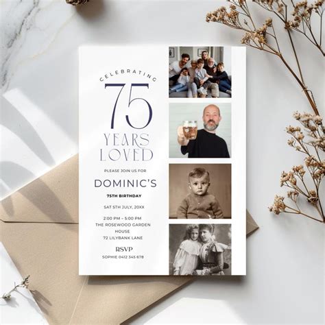 75th Birthday Invitation Template Adult Modern Minimal Photobooth
