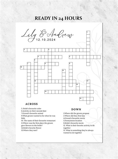 Personalized Wedding Crossword Puzzle Custom Wedding Activity Lawn