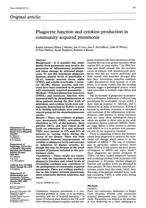 Phagocyte Function And Cytokine Production In Community Acquired Pneumonia Pmc