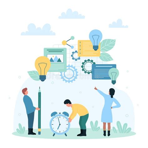 Digital Idea Creation And Development Tiny People Hold Pencil And Clock Work With Bulb Stock