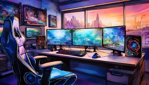 an artistic illustration of a computer setup with multiple monitors a