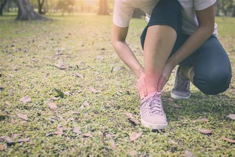 Woman Has Got Leg Pain And Injury After Work Out And Exercise In Stock