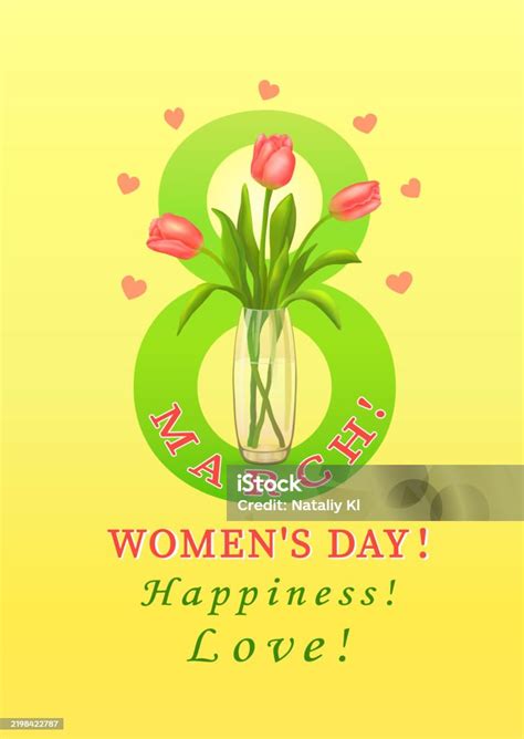 꽃병에 담긴 세 개의 분홍색 튤립 숫자 8의 배경에 하트와 영어로 축하하는 하트가 있습니다 3 월 8 일 여성의 날 행복 사랑 세로 노란색 배경에 벡터 일러스트 레이 션 0