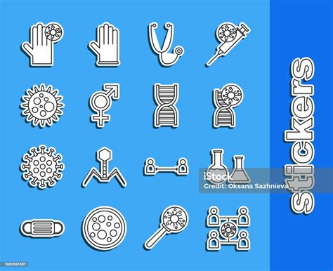 라인 바이러스 확산 시험관 및 플라스크 Dna 기호 바이러스 청진기 성별 손 및 아이콘을 설정합니다 벡터 0명에 대한 스톡 벡터 아트 및 기타 이미지 Istock