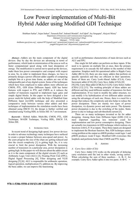 Pdf Low Power Implementation Of Multi Bit Hybrid Adder Using Modified