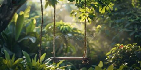 A Swing Hanging From A Tree Branch In A Dense Forest With Sunlight