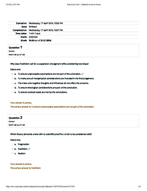 Self Quiz Unit 1 Attempt Review Home Started On Wednesday 17 April