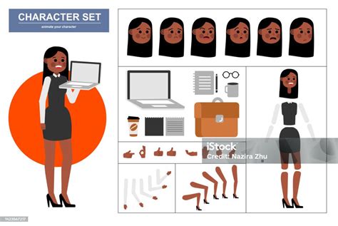 34 애니메이션 캐릭터 보기 다양한 뷰 얼굴 감정 포즈 제스처 및 사무용 도구를 갖춘 사무실 여성 캐릭터 생성자 만화 스타일 플랫 벡터 일러스트 레이 션 개체 그룹에 대한