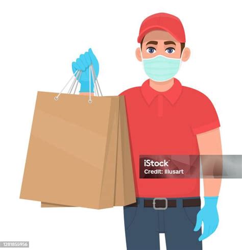 택배 또는 택배 남자 마스크와 택배 팩을 보여주는 장갑에 쇼핑 페이퍼 백을 들고있는 사람 남성 캐릭터 디자인 코로나 바이러스 전염병 발생 검역 중 안전 쇼핑 서비스 만화에