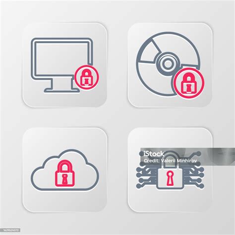 Set Line Cyber Security Cloud Computing Lock Cd Or Dvd Disk With And Lock On Monitor Icon Vector