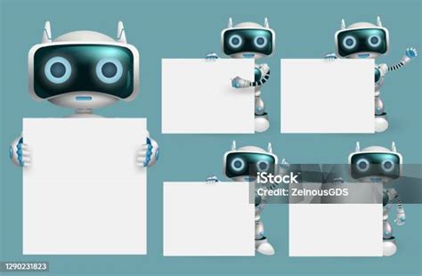 로봇 프리젠 테이션 문자 벡터 세트입니다 현대 로봇 포스트와 제스처 컬렉션 디자인으로 화이트 보드 요소를 제시하고 들고 있는 로봇 캐릭터 완구류에 대한 스톡 벡터 아트 및