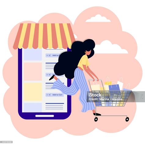 소녀 쇼핑 온라인 플랫 벡터 일러스트 레이션입니다 젊은 여성 구매 인터넷 상점에서 옷을 주문 현대 쇼핑객 패션 부티크 고객 만화