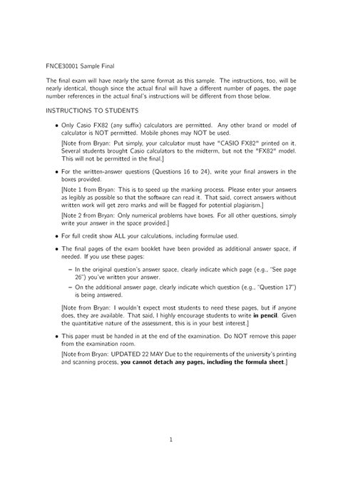 Sem Final Sample Answers FNCE Sample Final The Nal Exam Will Have Nearly The Same