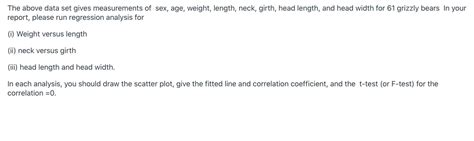 Solved Bear Sex Age Weight Length Neck Girth м M M M F F F F Chegg com
