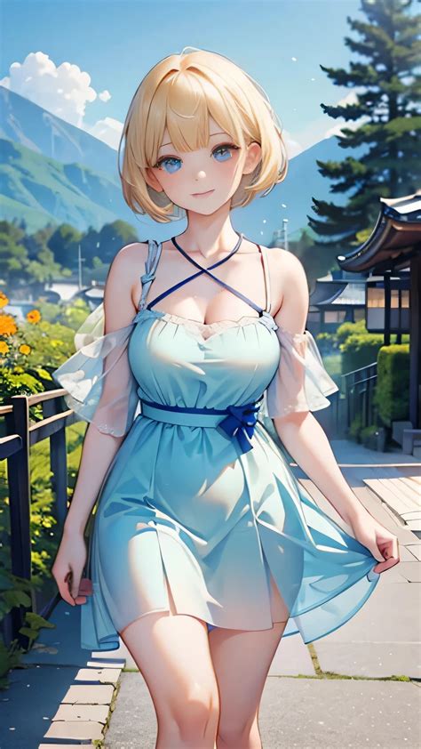 파란 드레스를 입은 애니메이션 소녀가 산이 보이는 배경에서 보도를 걸어가고 있습니다 SeaArt AI