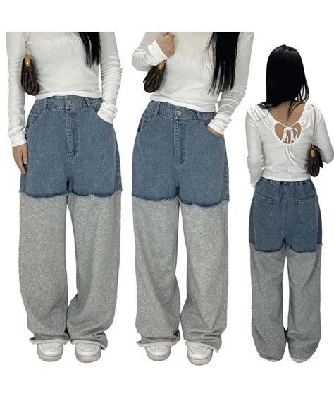 2컬러 남녀공용 스트릿 반반 믹스 데님 배색 와이드 트레이닝 팬츠 에이블리