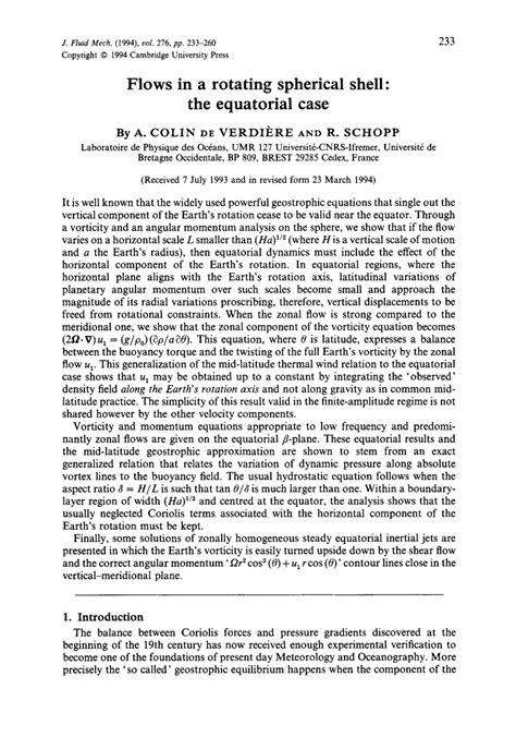 pdf flows in a rotating spherical shell the equatorial case