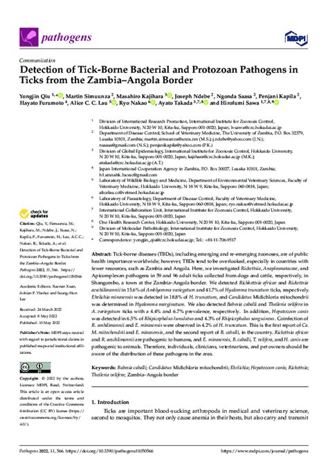 Pdf Detection Of Tick Borne Bacterial And Protozoan Pathogens In Ticks From The Zambia Angola