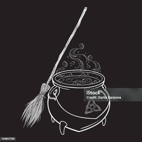 빗자루 벡터 그림이 있는 끓는 마법의 가마솥 손으로 그린 위칸 디자인 점성술 연금술 마법의 상징 또는 할로윈 디자인 마법 주문에