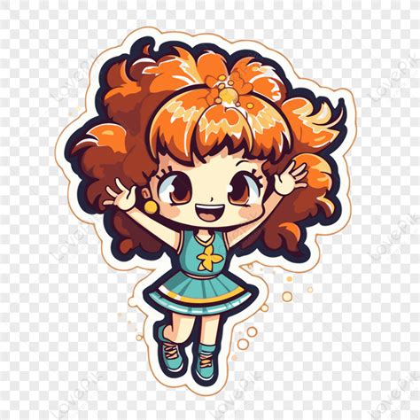 노란색 배경에 점프하는 빨간 곱슬 머리를 가진 만화 소녀 벡터삽화인간의 몸 Png 일러스트 무료 다운로드 Lovepik