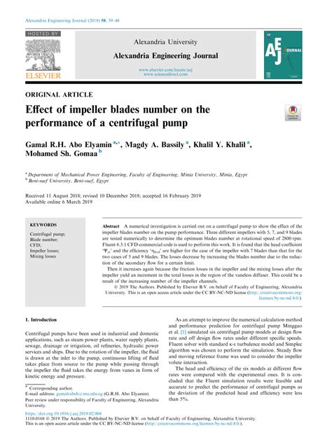 Pdf Effect Of Impeller Blades Number On The Performance Of A Centrifugal Pump