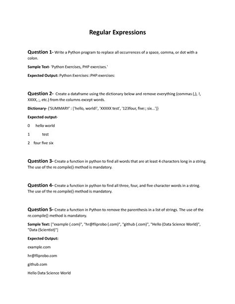 Regular Expressions Assignment Regular Expressions Question 1 Write A Python Program To