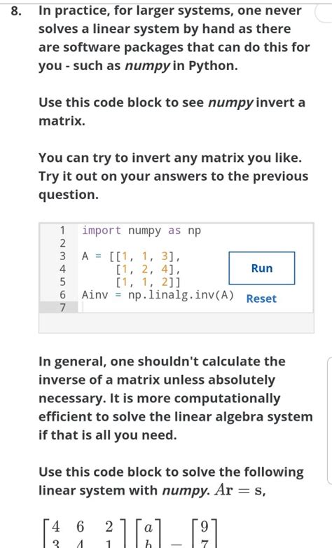 Solved 8 In Practice For Larger Systems One Never Solves Chegg Com