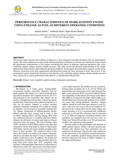 Pdf Performance Characteristics Of Spark Ignition Engine Using Ethanol As Fuel At Different