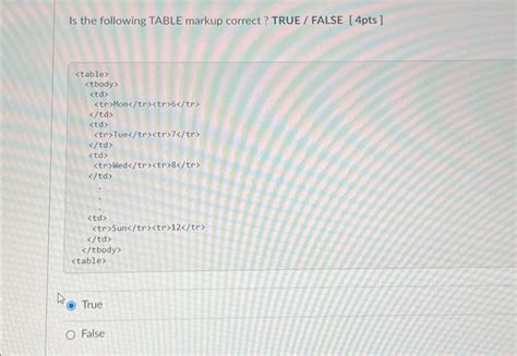 solved a is the following table markup correct true false