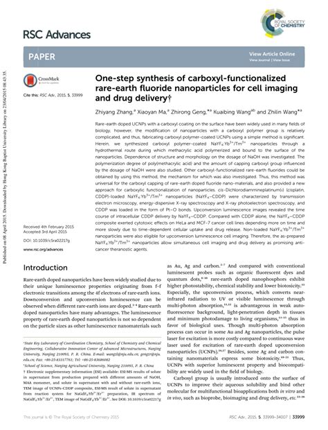 Pdf One Step Synthesis Of Carboxyl Functionalized Rare Earth Fluoride Nanoparticles For Cell