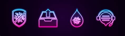 바이러스 박테리아 받은 편지함 업로드 더러운 물방울 및 말풍선 채팅이 있는 헤드폰을 차단합니다 빛나는 네온 아이콘입니다 벡터 Brand Name Online