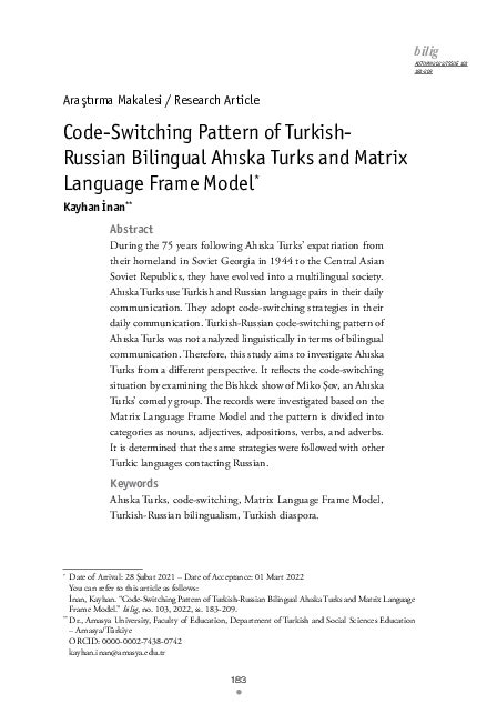 Pdf Code Switching Pattern Of Turkish Russian Bilingual Ahıska Turks And Matrix Language Frame