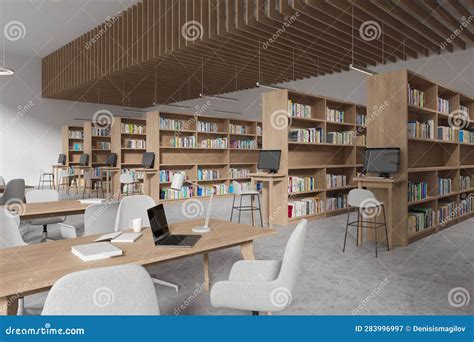 Modern Library Interior With Table And Chairs In Row Pc Computer And Shelf Stock Illustration
