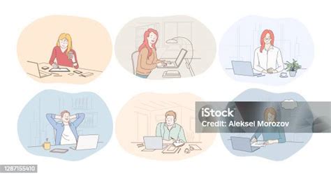 사무실 노트북 온라인 커뮤니케이션 프리랜서 스타트업 컨셉에서 근무 노트북에 대한 스톡 벡터 아트 및 기타 이미지 노트북 일함 노트북 사용하기 Istock