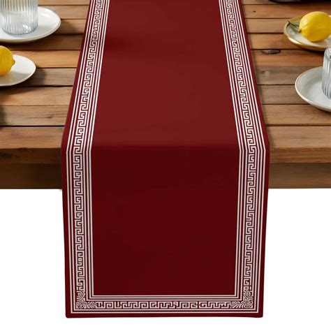 Wine Red Greek Key Pattern Table Runner Geometric Modern Cotton Linen Tablecloth Holiday