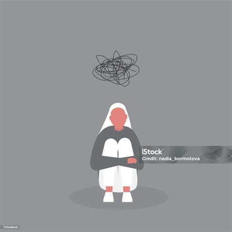 젊은 우울한 여성 캐릭터는 그녀의 무릎을 껴안고 슬픔의 단계 정서적 문제 자살 생각 정신 건강 밀레니엄 세대의 현대 생활 회색 색상 심각한에 대한 스톡 벡터 아트 및 기타