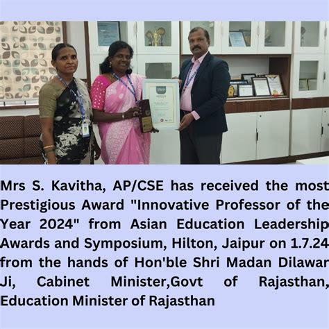 Mrs S Kavitha Apcse Has Received The Most Prestigious Award Jjcollege Of Engineering And