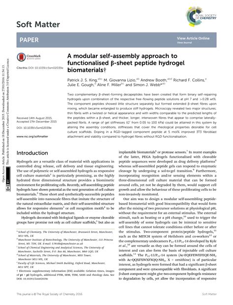Pdf A Modular Self Assembly Approach To Functionalised β Sheet Peptide Hydrogel Biomaterials