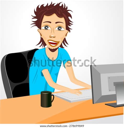 Illustration Smiling Programmer Working Computer Wild Stock Vector