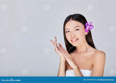 Portrait Of A Cheerful Cute Young Naked Asian Lady Stock Image Image