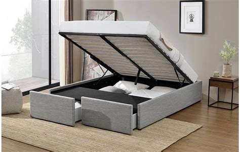 Lit Coffre Double En Tissu Gris Avec Tiroirs Lagertha