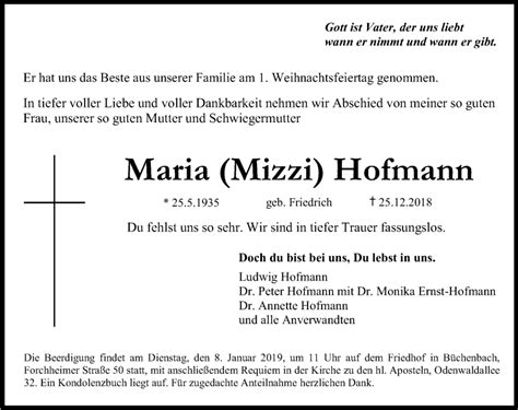 Traueranzeigen Von Maria Hofmann Trauernnde