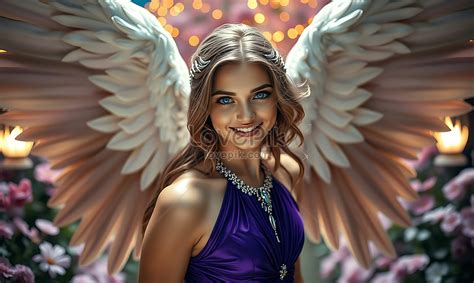ảnh Smiling Angelic Woman In Purple Dress With Wings And Floral