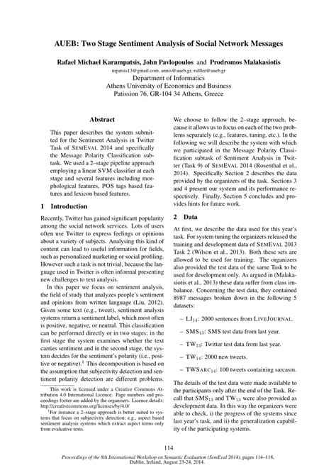 Pdf Aueb Two Stage Sentiment Analysis Of Social Network Messages