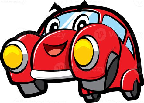 Cartoon Cute Red Colour Car With Happy Smiling Character Illustration