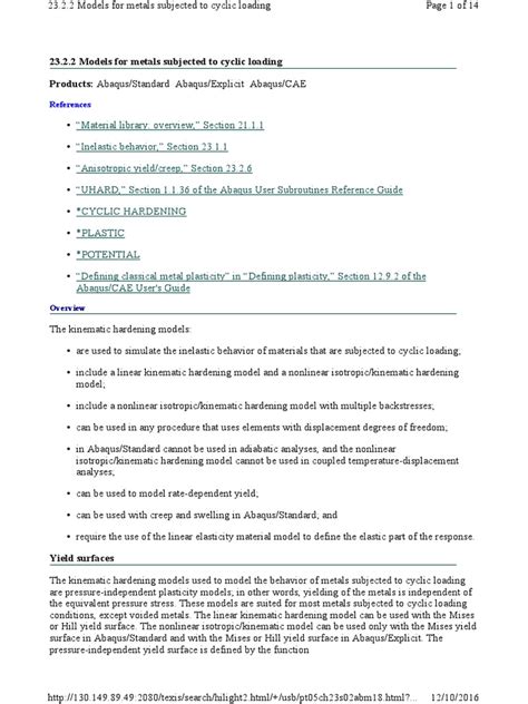 Abaqus Models For Metals Subjected To Cyclic Loading Pdf Yield