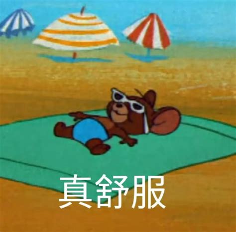 杰瑞戴着墨镜惬意躺沙滩，配文 真舒服”尽显悠然自得 超多人求的表情包！快来收图表情包图片动图 求表情网斗图从此不求人