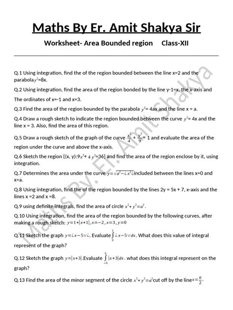 Worksheet Area Bounded Region 12th Pdf Area Integral