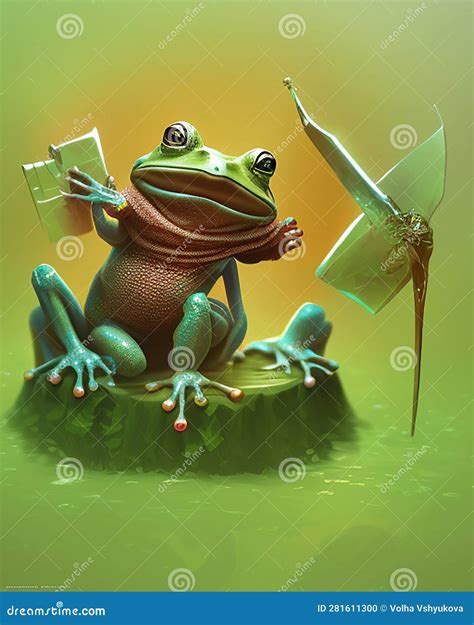 Unrealistic Frog Siting On The Ground And Aliens Flying Around Generative Ai Illustration